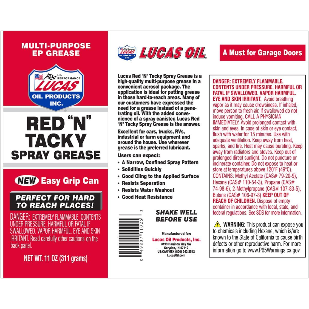 Lucas Oil 11025 Red "N" Tacky Spray Grease Aerosol 11 Ounce Capacity P ...